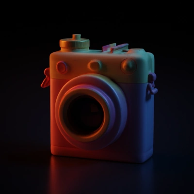 AI Cartoonish camera with large lens. pink and yellow color, PVC ...