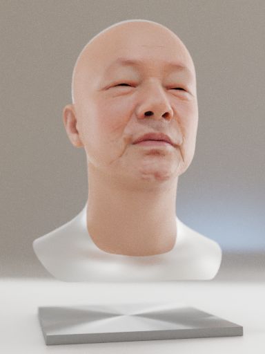 AI face, round, gentle, wrinkles, squinting eyes, low bridge of nose ...