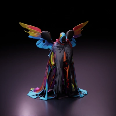 AI Faceless futuristic cloaked warrior with vibrant mech wings. 3D ...