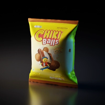 AI Chiki Balls snack packaging, cartoony character sitting on chocolate ...
